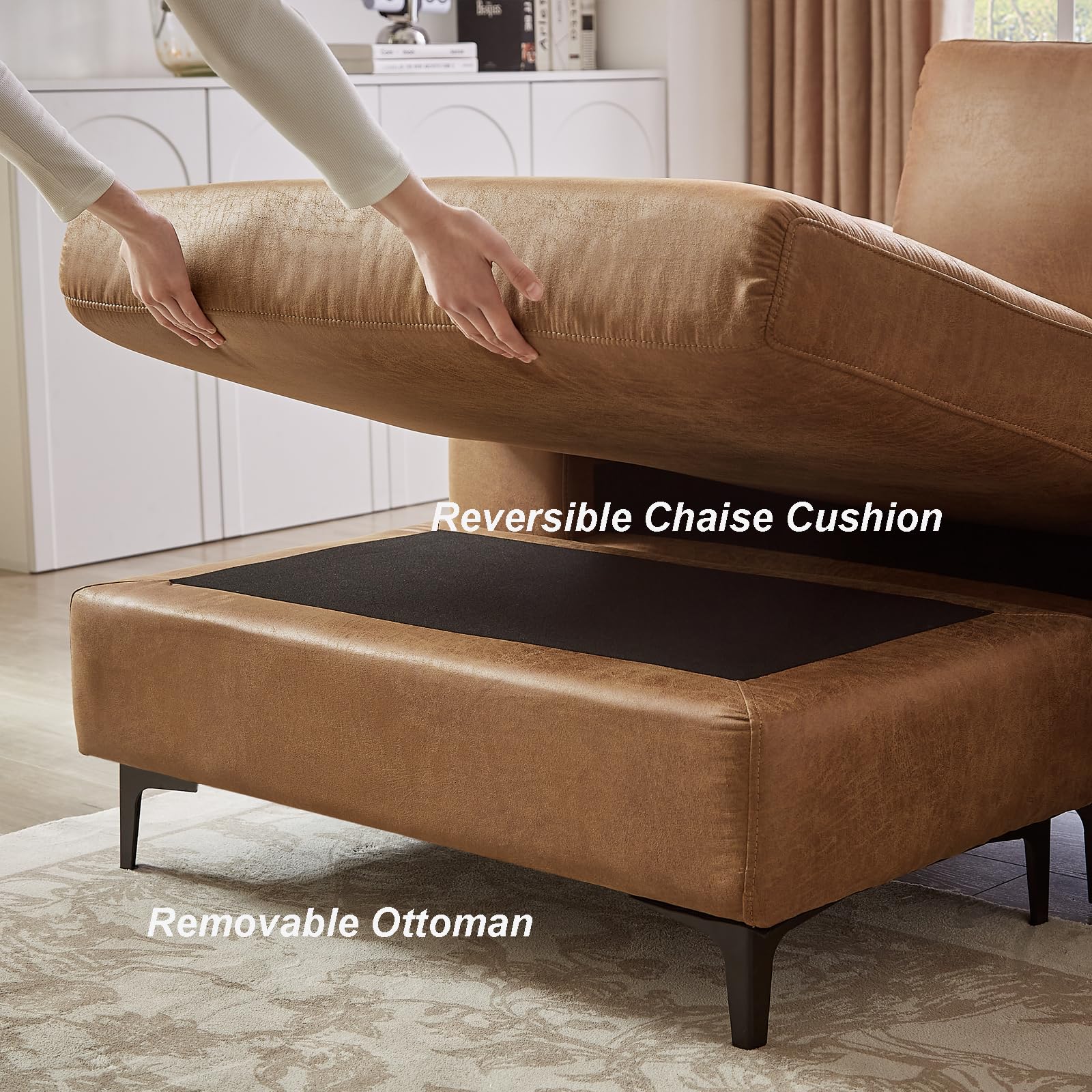 100.8" Sectional Sofa,Faux Leather Couch with Reversible Chaise,Mid-Century L Shaped Sofa Couch for Living Room, Apartment,Office (Brown, Loveseat)