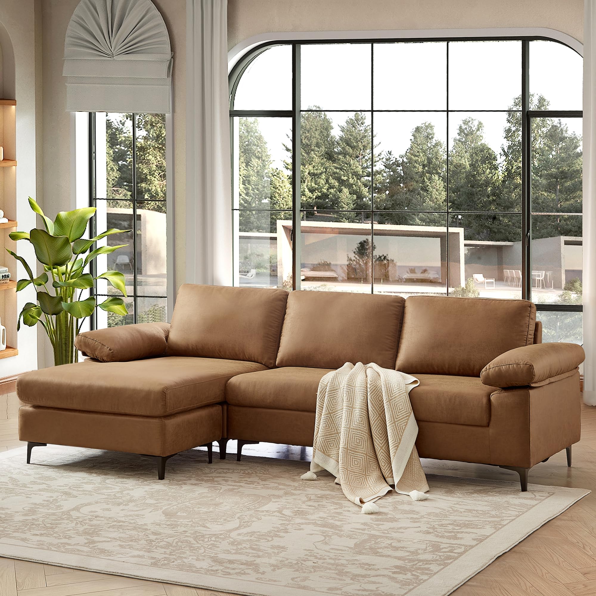 100.8" Sectional Sofa,Faux Leather Couch with Reversible Chaise,Mid-Century L Shaped Sofa Couch for Living Room, Apartment,Office (Brown, Loveseat)