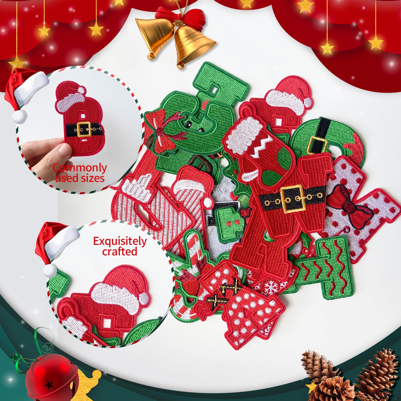 Jongdari Christmas Iron On Letters for Clothing, 2.4" Xmas Embroidery Alphabet Letterman Jacket Patche A-Z Applique for Backpack & Fabric (Christmas 26pcs)