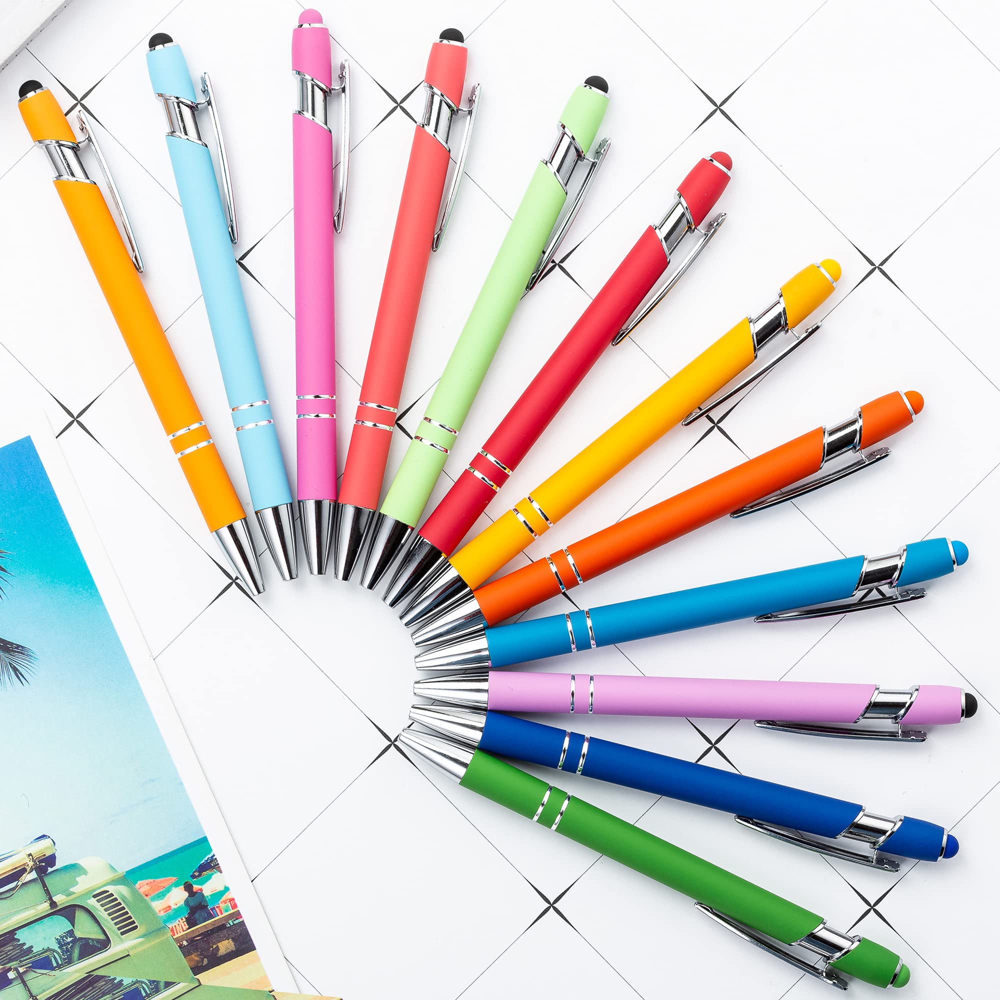 PASISIBICK 12 Pieces Rainbow Rubberized Soft Touch Ballpoint Pen with Stylus Tip, Stylish, Premium Metal Pen, Black Ink, Medium Point(Pack of 12)