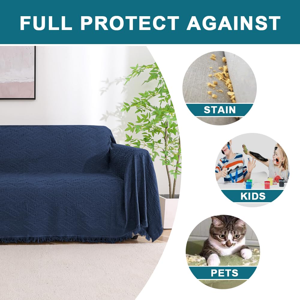 Turquoize Cotton Sofa Cover Couch Cover Navy Couch Protector Sofa Throw Cover for Couches Washable Sectional Sofa Couch Covers for Dogs Feature Geometrical Woven Fabric(71"x 102",Large, Navy)
