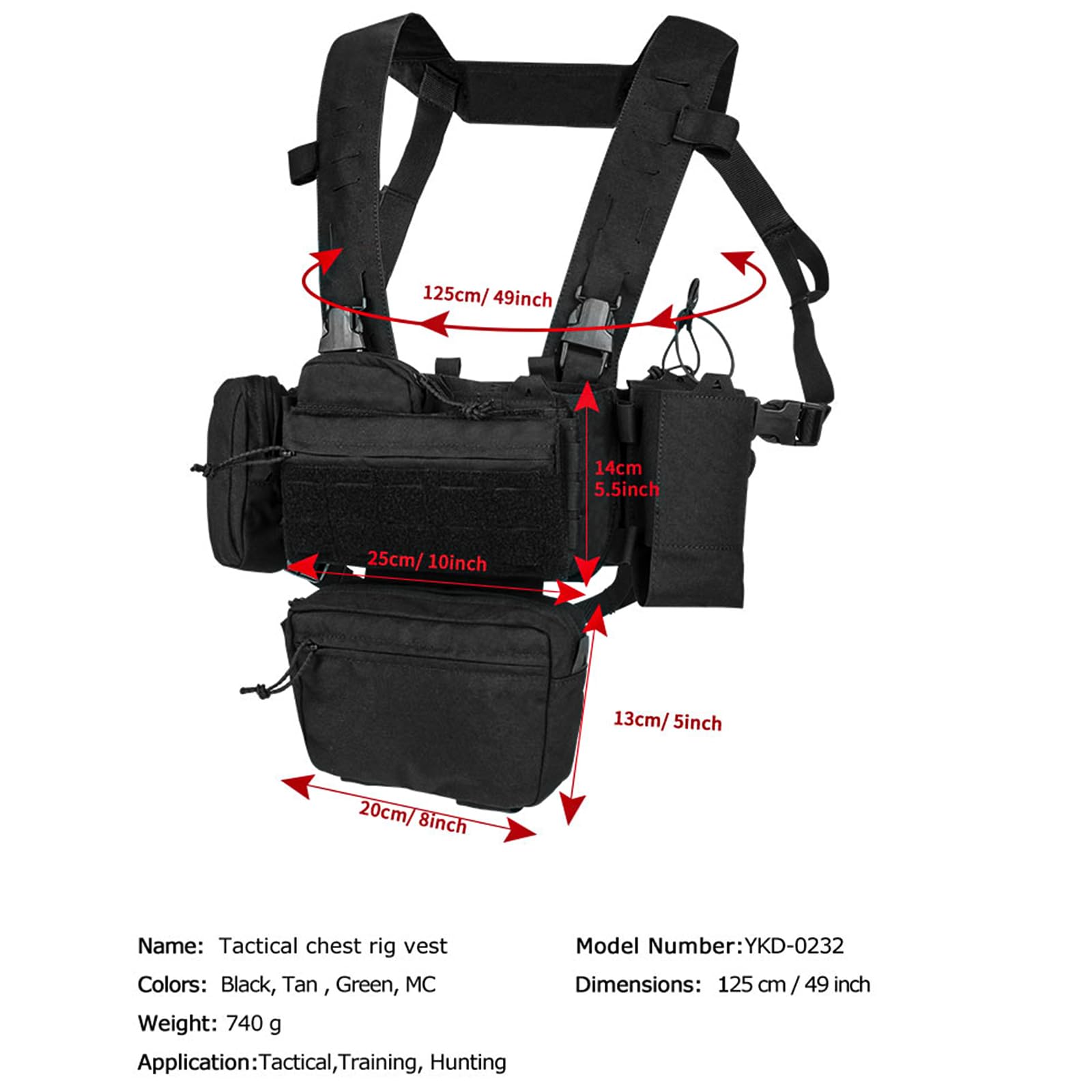 YAKEDA Tactical Chest Mini Rig Vest with Magazine Pouch Adjustable Detachable Laser-cutting Molle Modular Chest Vest (Black)