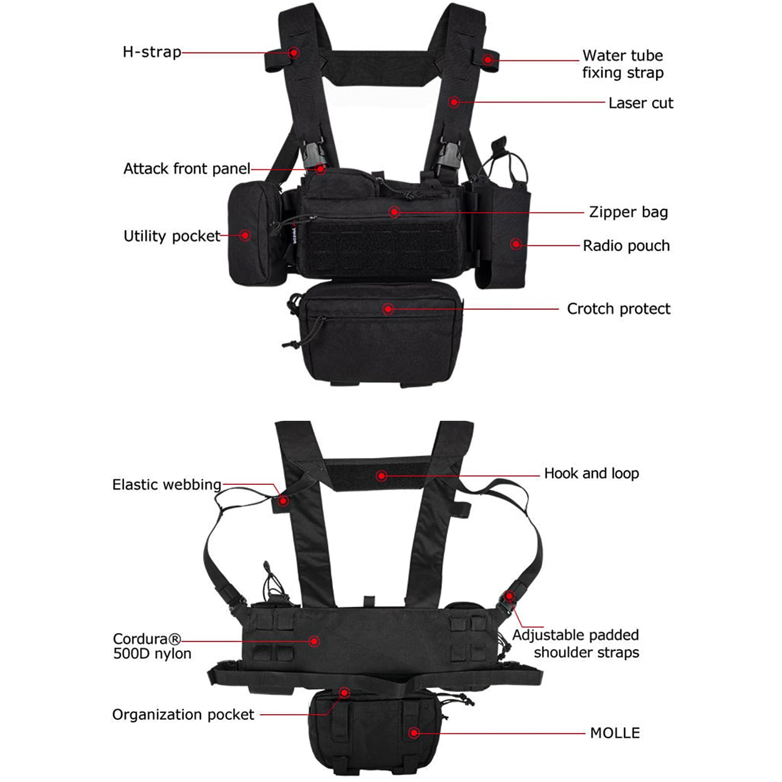 YAKEDA Tactical Chest Mini Rig Vest with Magazine Pouch Adjustable Detachable Laser-cutting Molle Modular Chest Vest (Black)