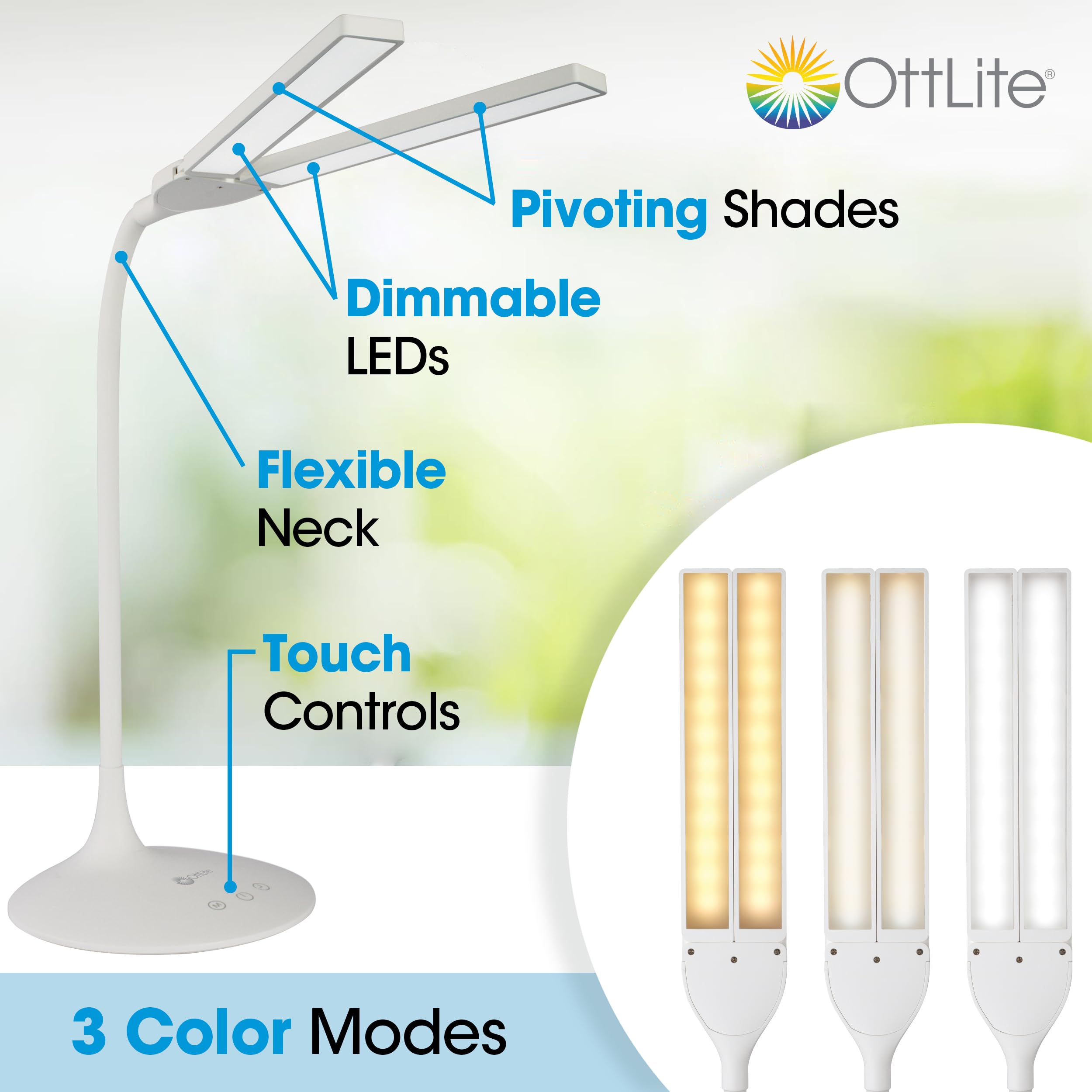 OttLite Pivot LED Desk Lamp, Dual Shade Desk - 3 Color Temperature Modes, Auto Shut-Off Timer, Adjustable Neck & Touch Activated Controls - Crafting, Sewing, & Studying