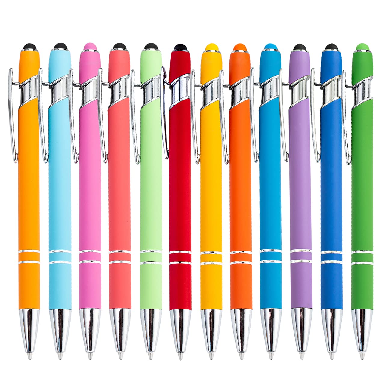 PASISIBICK 12 Pieces Rainbow Rubberized Soft Touch Ballpoint Pen with Stylus Tip, Stylish, Premium Metal Pen, Black Ink, Medium Point(Pack of 12)