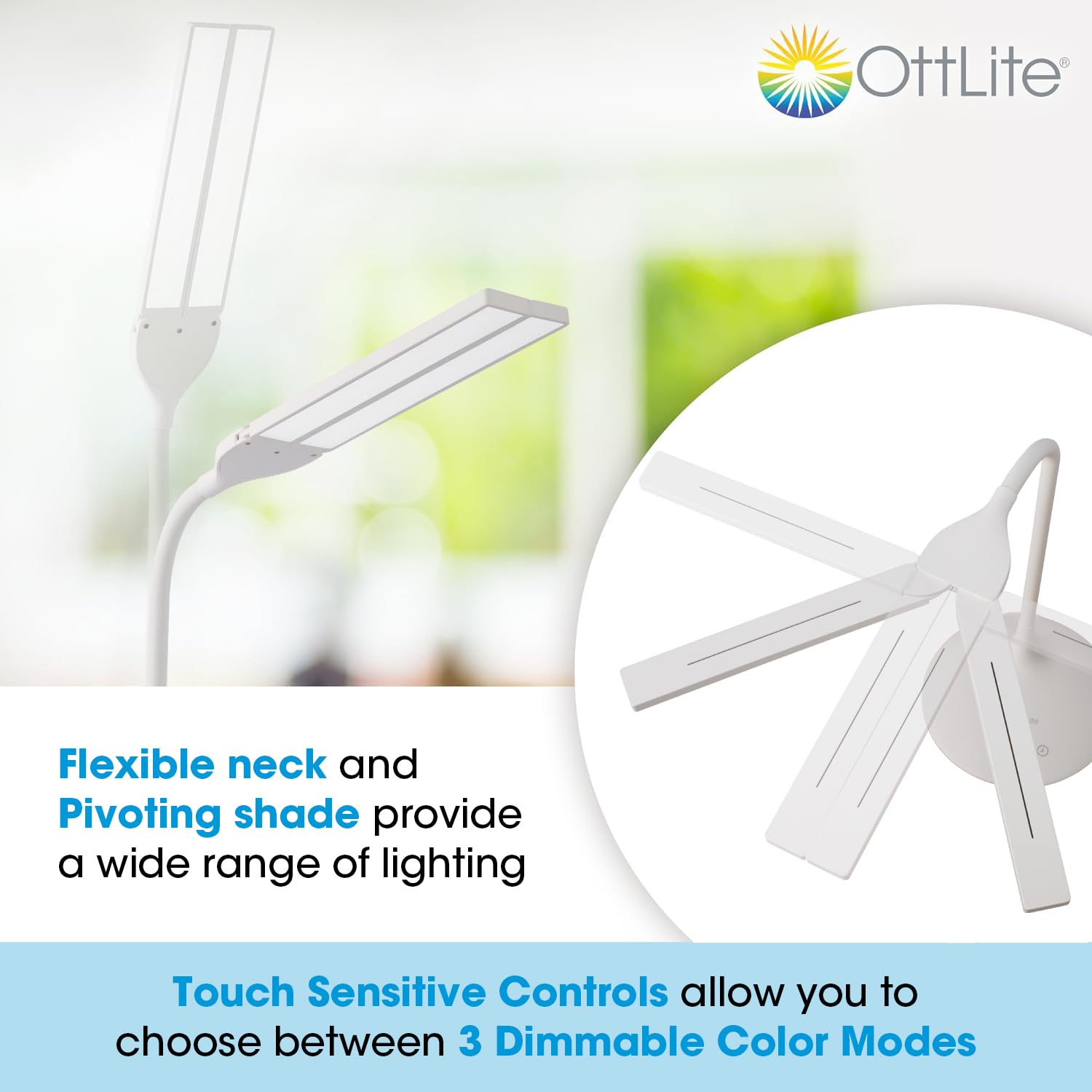 OttLite Pivot LED Desk Lamp, Dual Shade Desk - 3 Color Temperature Modes, Auto Shut-Off Timer, Adjustable Neck & Touch Activated Controls - Crafting, Sewing, & Studying