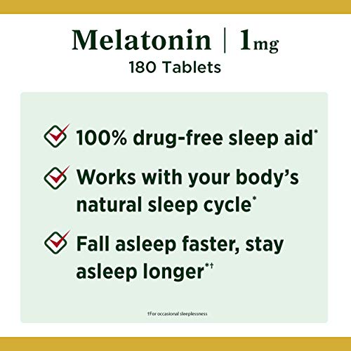 Melatonin by Nature's Bounty, 100% Drug Free Sleep Aid, Dietary Supplement, Promotes Relaxation and Sleep Health, 1mg, 180 Tablets