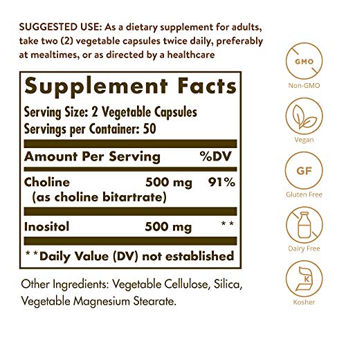Solgar Choline/Inositol 500 mg/500 mg, 100 Vegetable Capsules - Energy Metabolism, Liver Health, Essential for Brain & Nerve Function - Non-GMO, Vegan, Gluten Free, Dairy Free, Kosher - 100 Capsules
