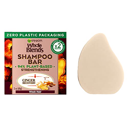 Garnier Haircare Whole Blends Ginger Recovery Strengthening Shampoo Bar for Weak Hair, Zero Plastic Packaging, Free of Preservatives, Silicones, Soap & Dye, with Ginger & Almond Oil, 2 Oz