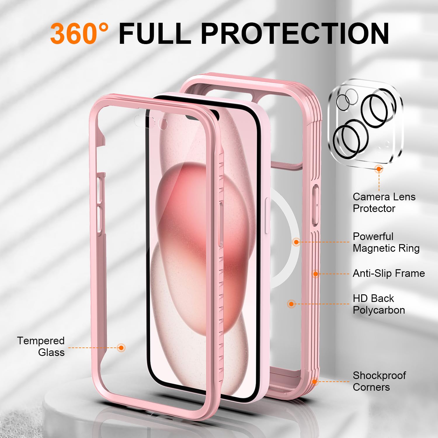 Ezanmull for iPhone 15 Case [Compatible with MagSafe] [with Built-in Touch Sensitive Anti-Scratch 9H Tempered Glass Screen Protector + Camera Lens Protector] Full-Body Magnetic Case (Clear&Pink)