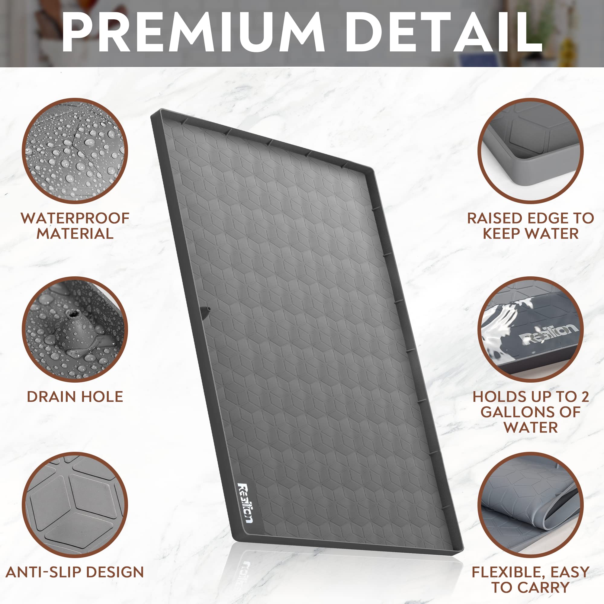 RESILION Flexible Waterproof Grey Silicone Under Sink Mat for Kitchen Cabinet with Drain Hole, 34" X 22" Silicone Under Sink Mat Liner Hold Up to 2 Gallons Liquid Sink Mats for Bottom of Kitchen Sink