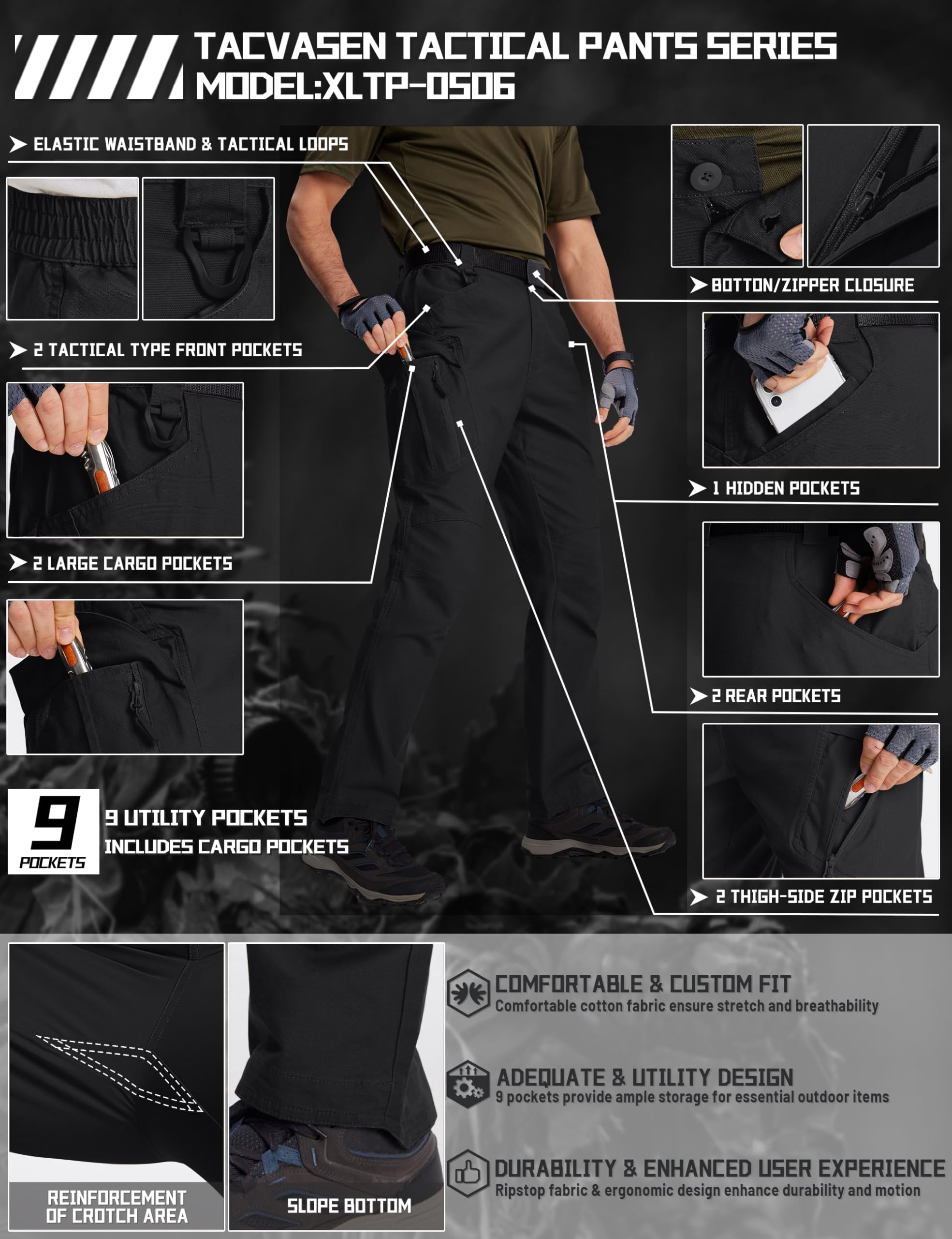 TACVASEN Mens Hiking Pants Lightweight Cotton Tactical Pants Stretch Military Cargo Pants 9 Pockets Work Pants Comfortable Workout Pants Combat Black 32
