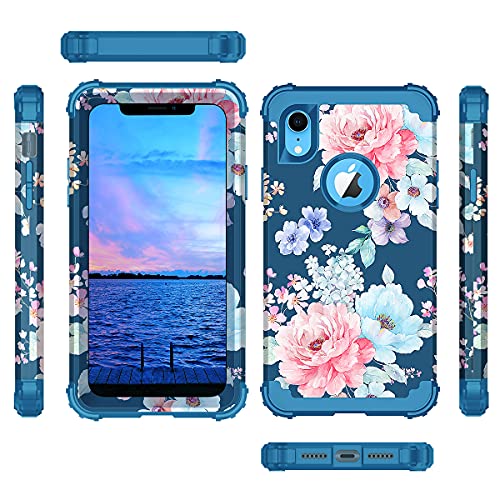 Rancase for iPhone XR Case,Three Layer Heavy Duty Shockproof Protection Hard Plastic Bumper +Soft Silicone Rubber Protective Case for Apple iPhone XR 6.1 inch,Flower
