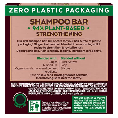 Garnier Haircare Whole Blends Ginger Recovery Strengthening Shampoo Bar for Weak Hair, Zero Plastic Packaging, Free of Preservatives, Silicones, Soap & Dye, with Ginger & Almond Oil, 2 Oz