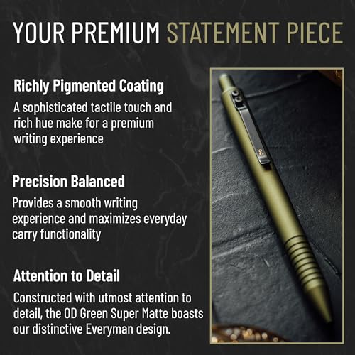 Everyman OD Green Super Matte Grafton Pen, Aluminum Pocket-Size Writing Pen, Luxury EDC Premium Ink Pen, Bold Point Ballpoint Pens, Office Supplies, Fine Point, Smooth Writing Pen with Grooved Grip