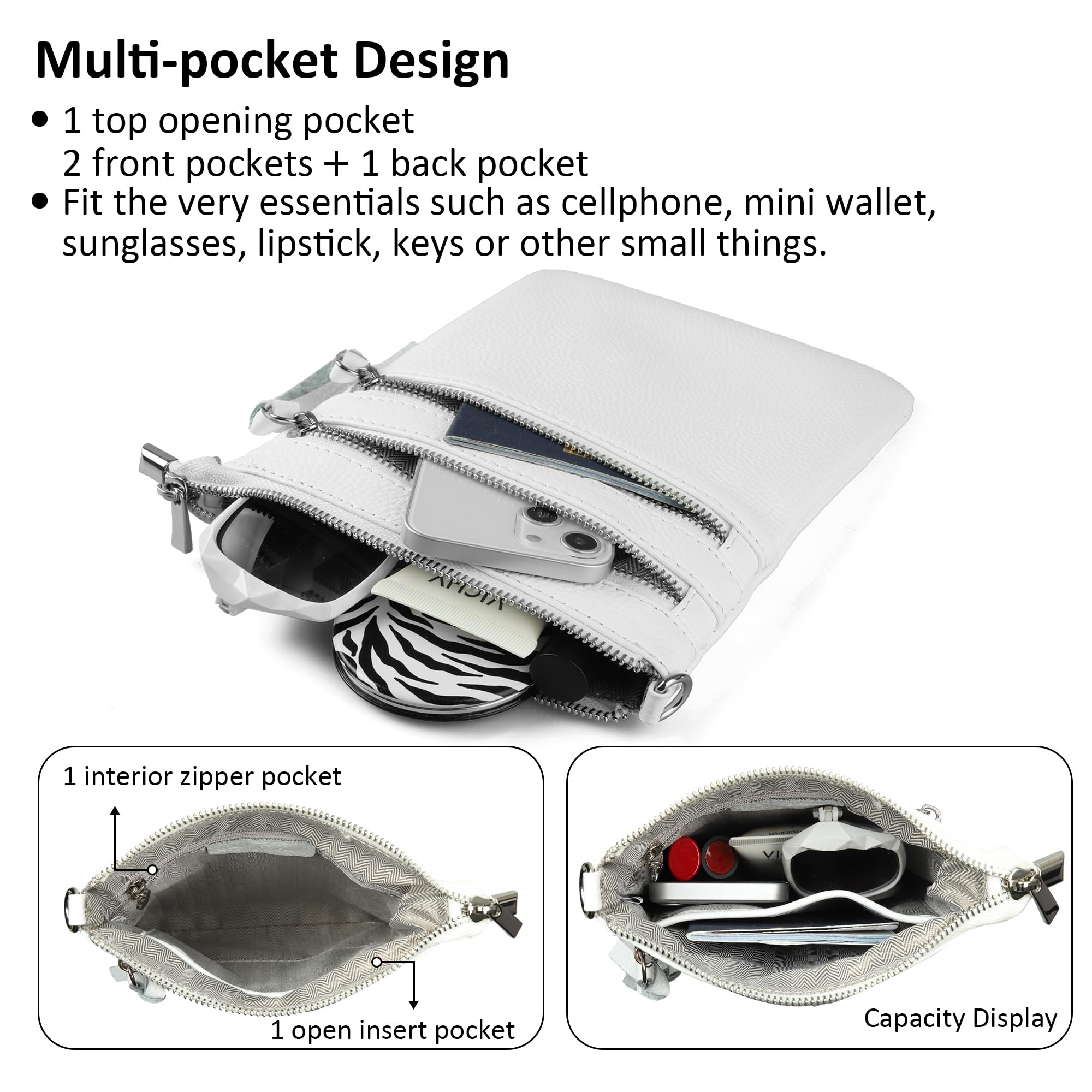 befen Genuine Leather White Crossbody Purses for Women, Small Cross Body Bag Purses with Zipper Pockets (White) - Fit iPhone 14 Pro Max