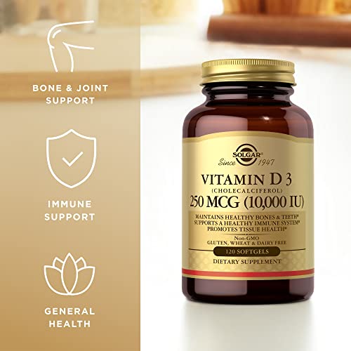 Solgar Vitamin D3 (Cholecalciferol) 250 MCG (10,000 IU) - Helps Maintain Healthy Bones & Teeth - Immune System Support - Non-GMO, Gluten Free, Dairy Free - 120 Servings, 120 Count (Pack of 2)