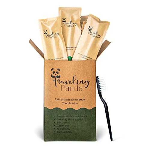 Traveling Panda Wheat Straw Toothbrushes Bulk, Soft Bristles Toothbrush with Toothpaste Built in, Travel Toothbrush Kit, Essentials for on The Go Teeth Brushing, 25 Mini Brushes
