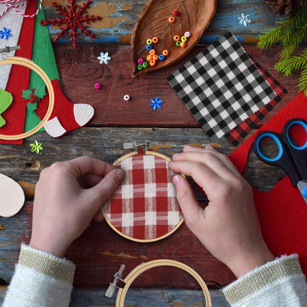 Caydo 12 Pieces Christmas Ornament Kit Including 4 Inch Embroidery Hoops and Plaid Fabric Christmas Fabric Squares for Christmas Decoration
