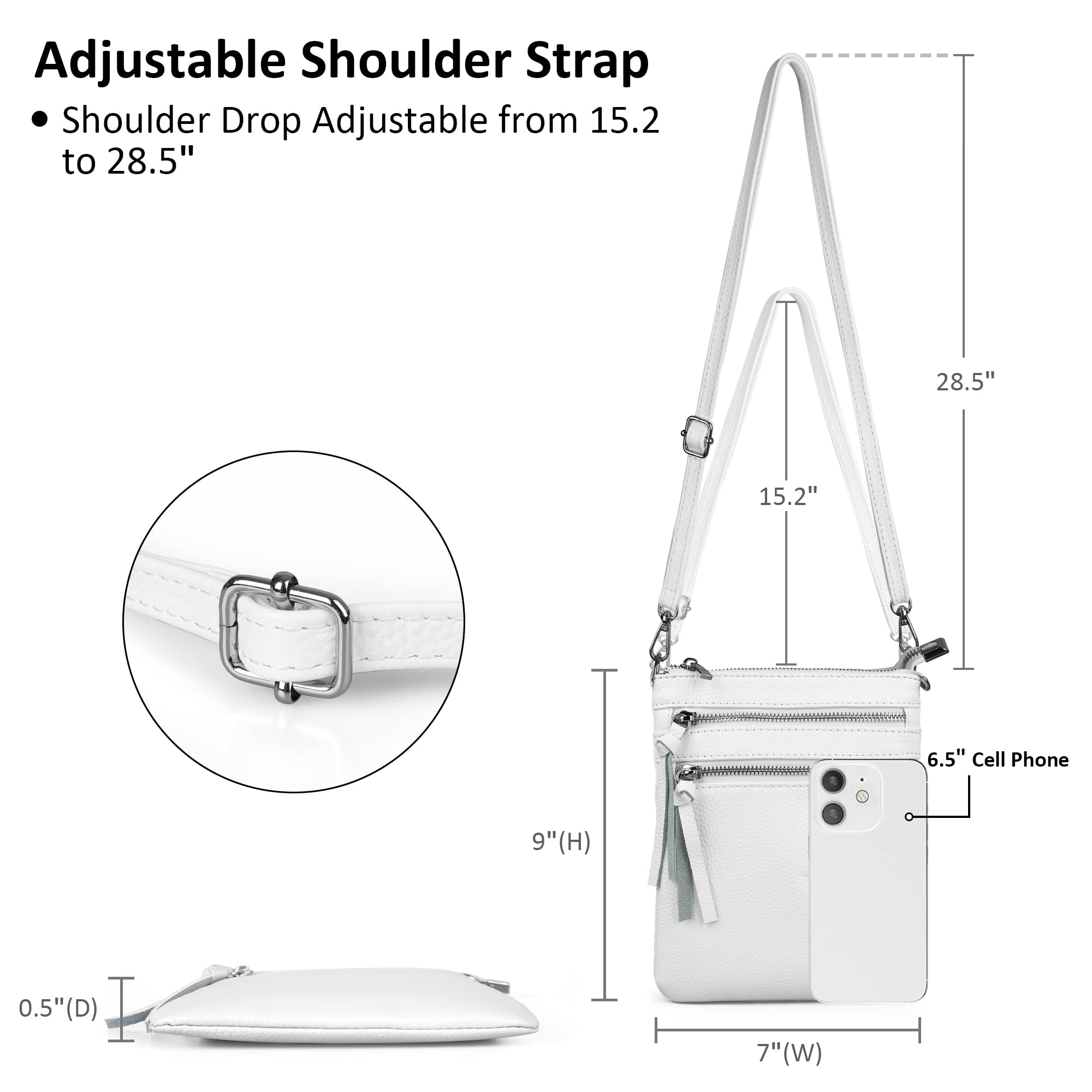 befen Genuine Leather White Crossbody Purses for Women, Small Cross Body Bag Purses with Zipper Pockets (White) - Fit iPhone 14 Pro Max