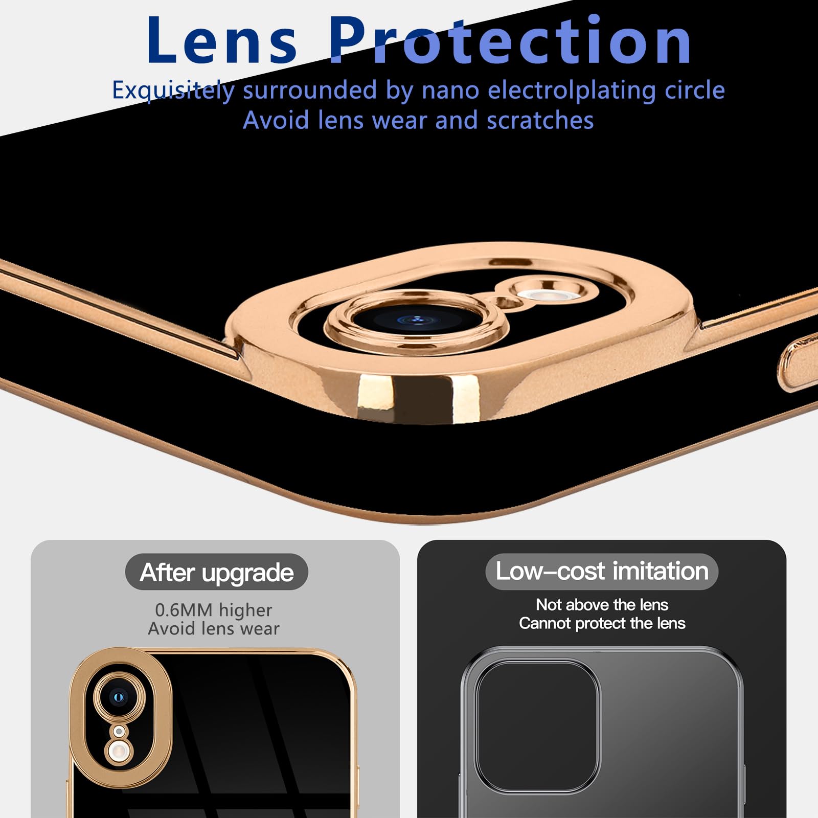 Lafunda Compatible with iPhone Xr Case, Cute Luxury Plating for Women Girls Elegant Golden Edge Pretty Shockproof TPU Bumper Cover with Silicone Camera Protective Phone Case for iPhone Xr, Black