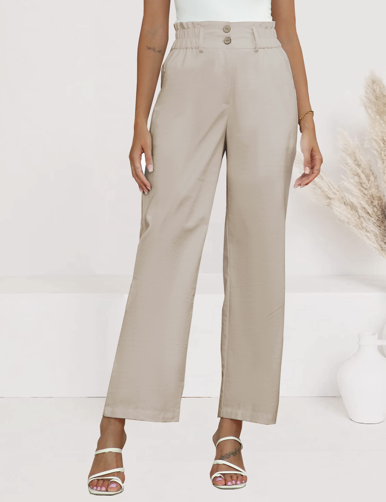 Yoetaun Linen Pants for Women High Waisted Palazzo Flowy Wide Leg Long Lounge Pant Beach Casual Comfy Trousers Khaki XL