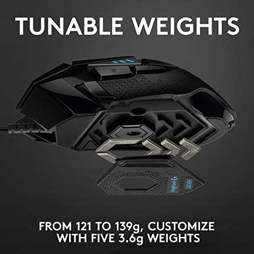 Logitech G502 HERO High Performance Wired Gaming Mouse, HERO 25K Sensor, 25,600 DPI, RGB, Adjustable Weights, 11 Programmable Buttons, On-Board Memory, PC / Mac, Black