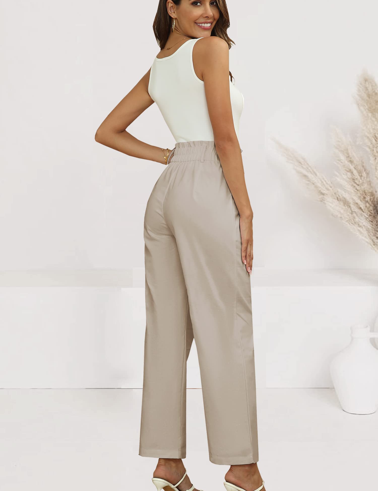 Yoetaun Linen Pants for Women High Waisted Palazzo Flowy Wide Leg Long Lounge Pant Beach Casual Comfy Trousers Khaki XL