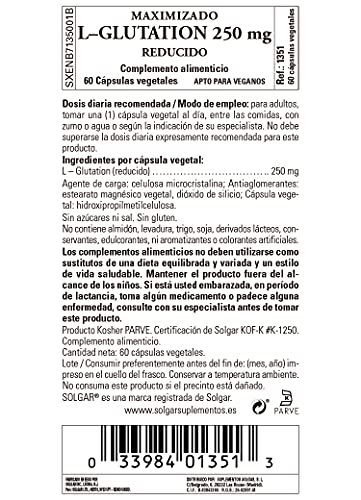 Solgar Reduced L-Glutathione 250 mg, 60 Vegetable Capsules - Antioxidant Support - Free Form Amino Acids - Non-GMO, Vegan, Gluten Free, Dairy Free, Kosher - 60 Servings