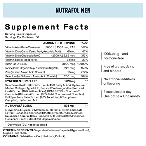 Nutrafol Men's Hair Growth Supplement | Clinically Effective for Visibly Thicker & Stronger Hair with More Scalp Coverage | Dermatologist Recommended | 1 Bottle | 1 Month Supply