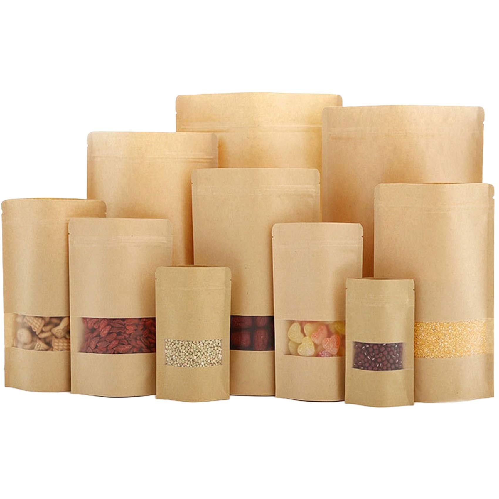 100pcs Kraft Bags with Window Zipper Lock Stand Up Bulk Pouches Resealable 4.7×7.8in