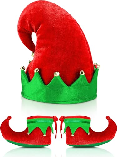 SATINIOR Christmas Santa Elf Shoes and Hat Christmas Red and Green Costume Accessory Set(21 cm/ 8 Inch,Vivid Color)