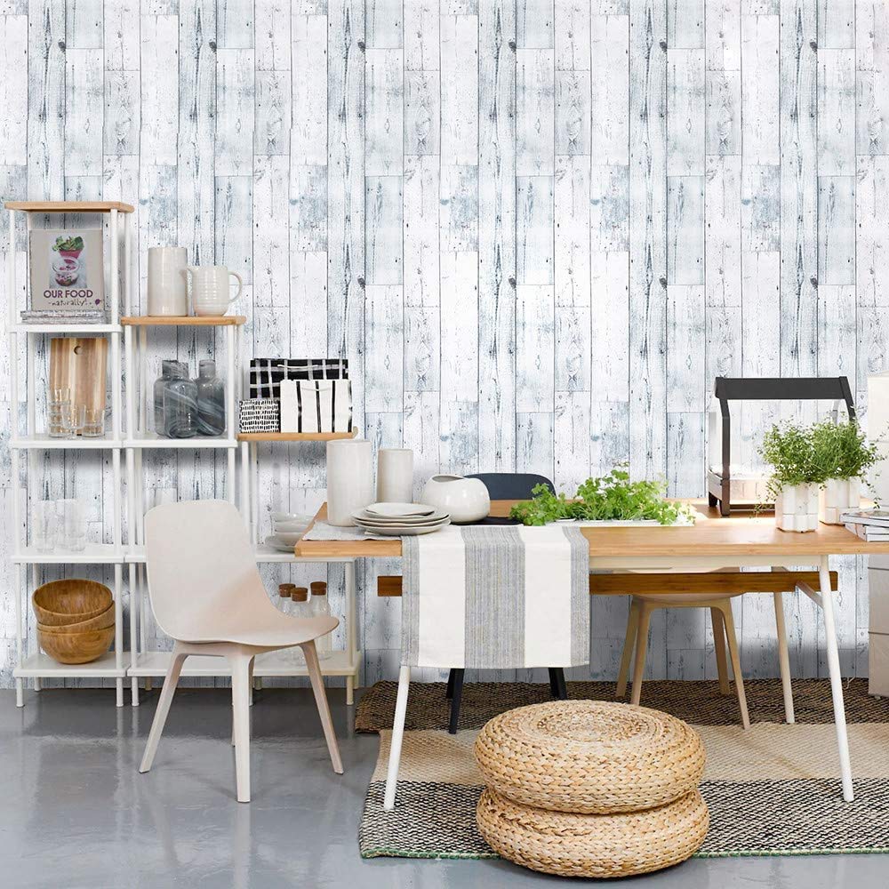 Peel and Stick Self-Adhesive Removable Wallpaper, Shiplap Light Grey/White Distressed Wood Plank Shelf Liner,Home Decoration 17.7''x118.1''