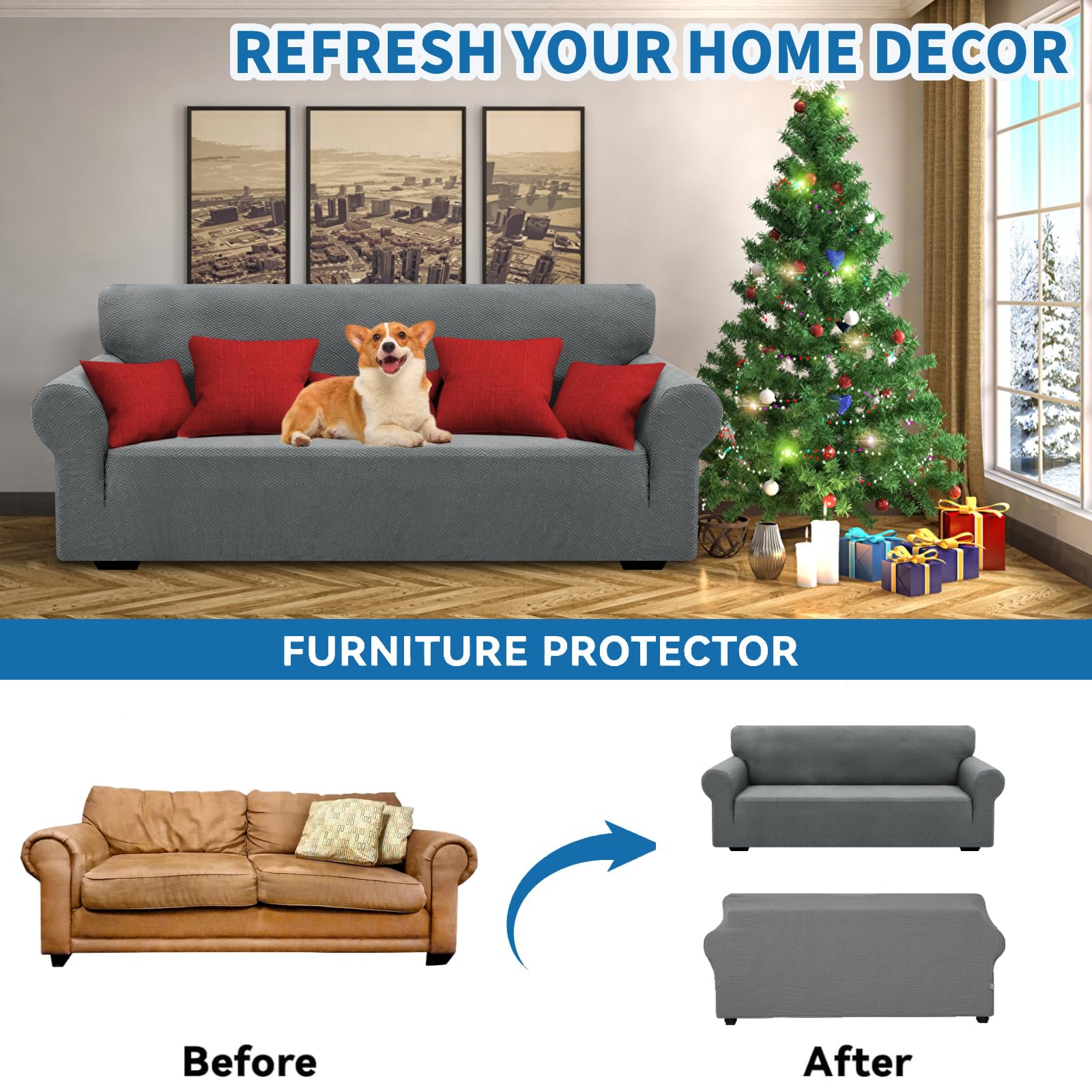 XINEAGE 2025 New 1 Piece Couch Covers for 2 Cushion (55"-69") Stretch Loveseat Sofa Cover Slipcover Jacquard Universal Furniture Protector with Elastic Bottom for Kids,Dog (Loveseat, Light Gray)