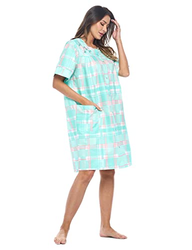 Casual Nights Women's Snap - Front House Dress Short Sleeve SeerSucker Woven Housecoat Duster Lounger Robe with Pockets, Plaid Mint, X-Large