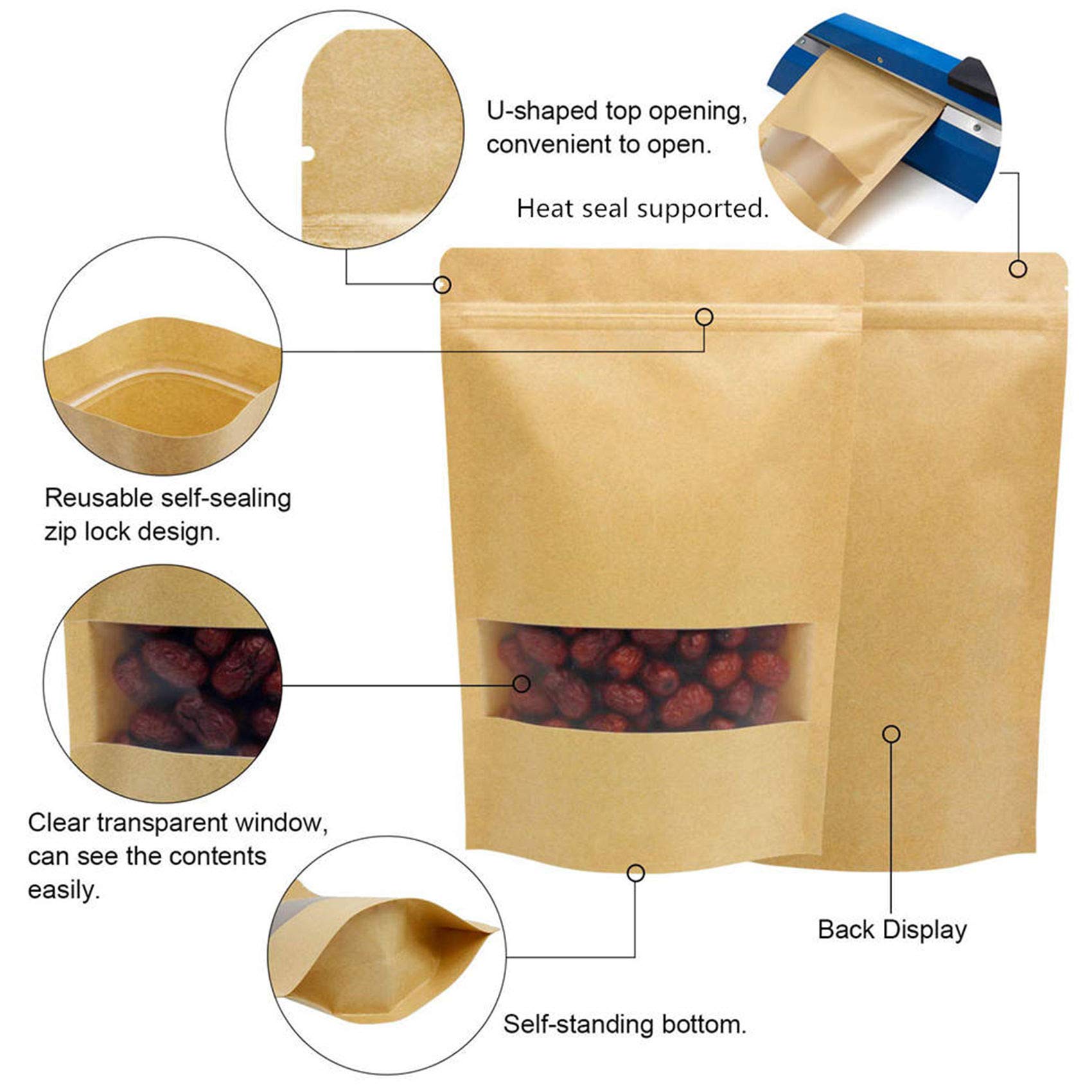 100pcs Kraft Bags with Window Zipper Lock Stand Up Bulk Pouches Resealable 4.7×7.8in