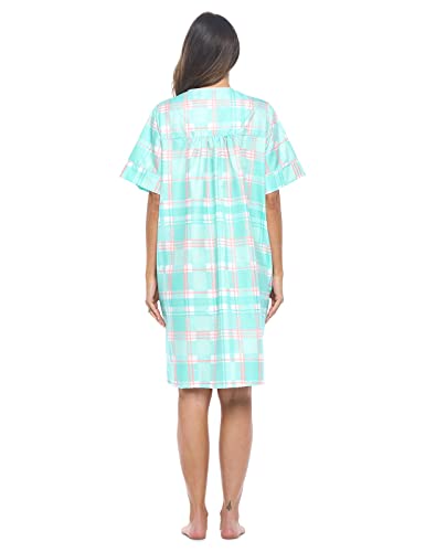 Casual Nights Women's Snap - Front House Dress Short Sleeve SeerSucker Woven Housecoat Duster Lounger Robe with Pockets, Plaid Mint, X-Large