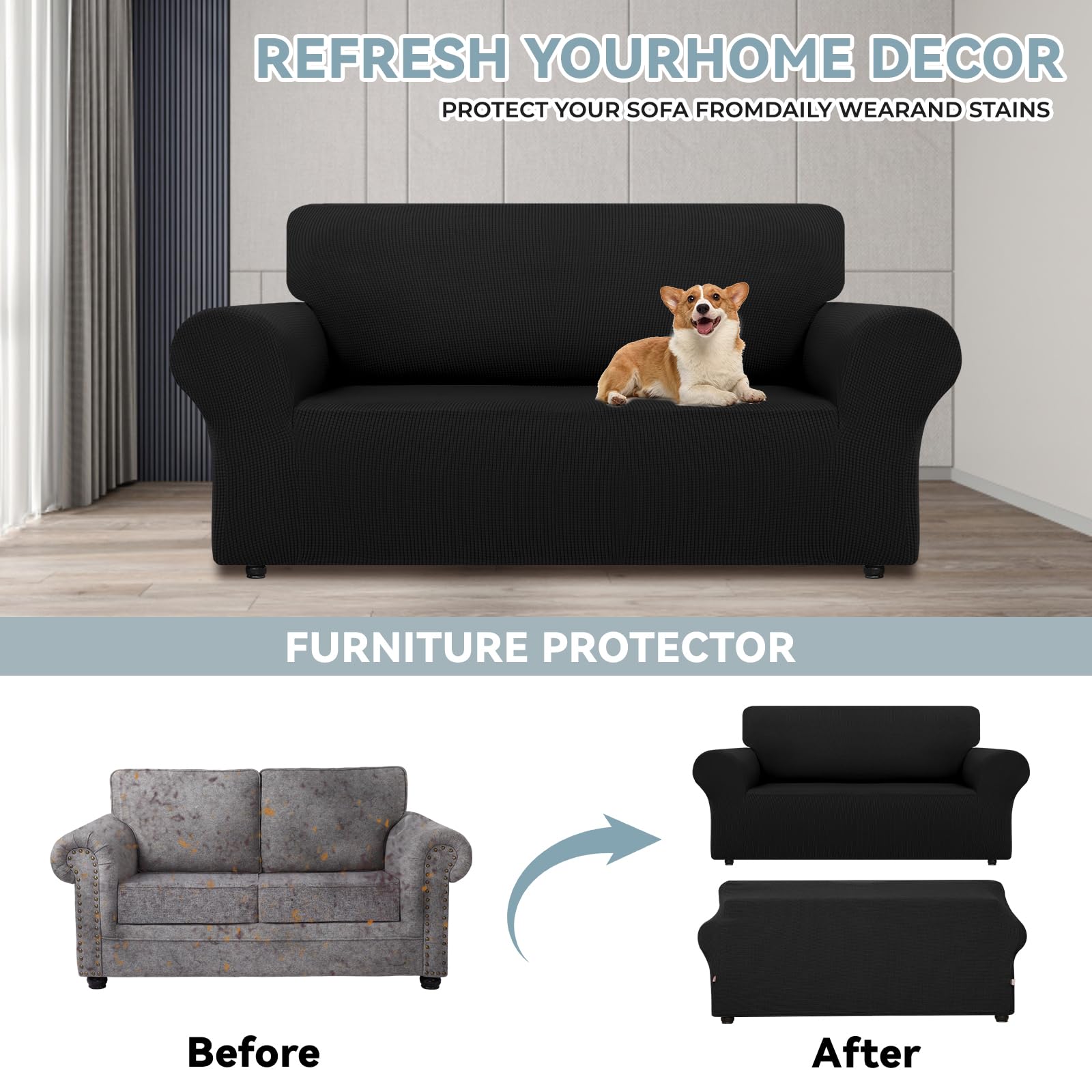 LURKA Stretch Loveseat Sofa Slipcovers 1 Piece Couch Covers for Sofa Furniture Protector Full Sofa Covers with Elastic Bottom for Kids and Dog (Medium, Black)