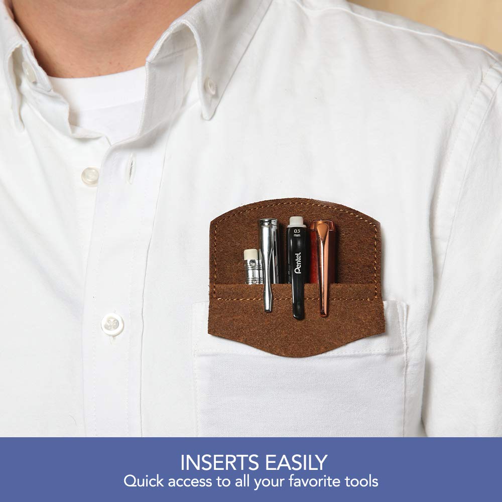 WANDERINGS Genuine Leather Pocket Protector - 3.5" x 6.25" - Handmade Leather Pen and Pencil Pocket Pouch Organizer for Office and Home
