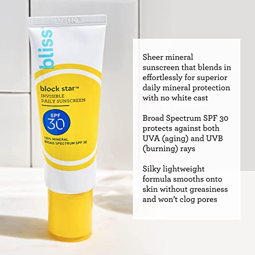 Bliss Block Star Tinted Face Sunscreen SPF 30-1.4 fl oz. - 100% Mineral Broad Spectrum Sunscreen With Zinc Oxide & Titanium Dioxide - Non Greasy Invisible finish