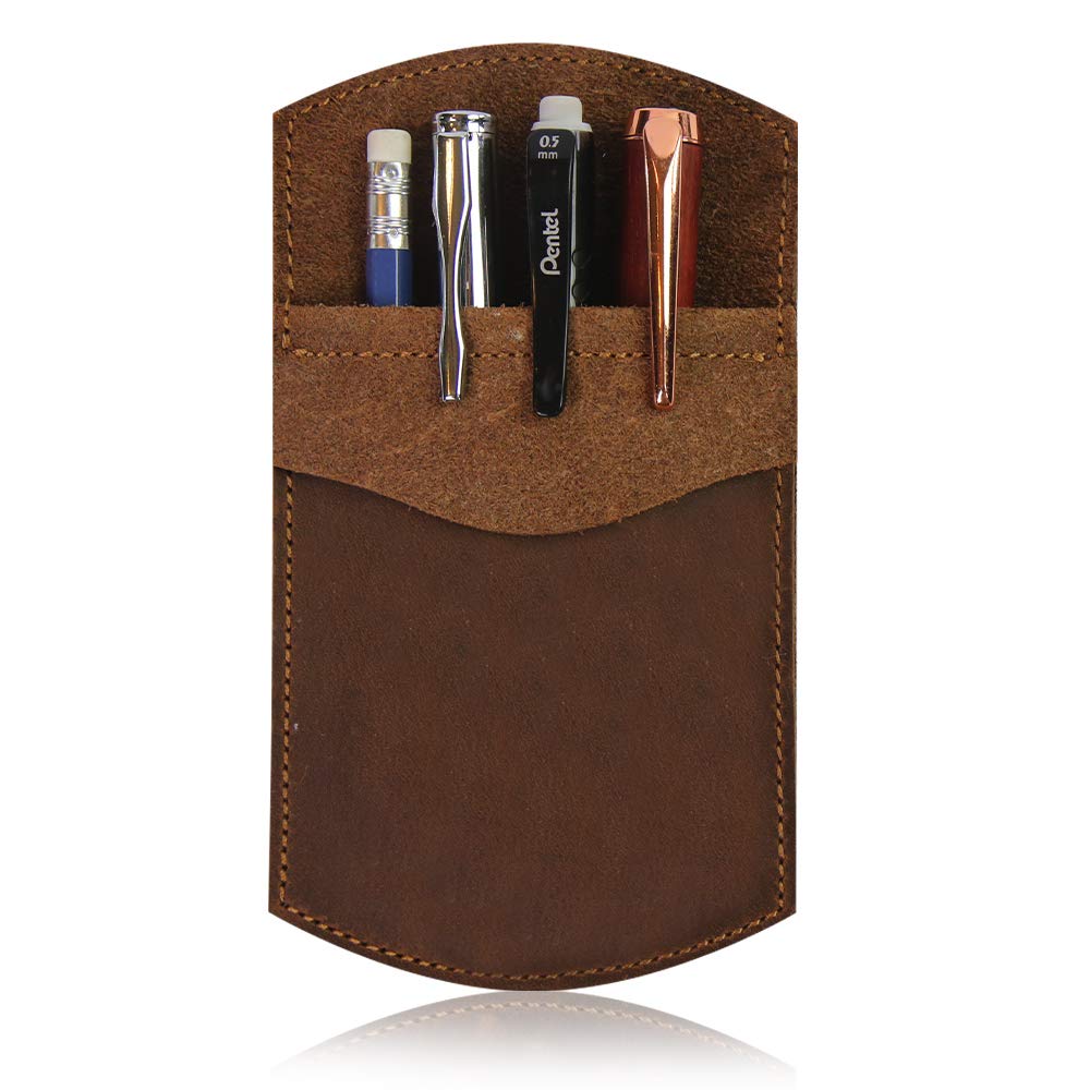 WANDERINGS Genuine Leather Pocket Protector - 3.5" x 6.25" - Handmade Leather Pen and Pencil Pocket Pouch Organizer for Office and Home