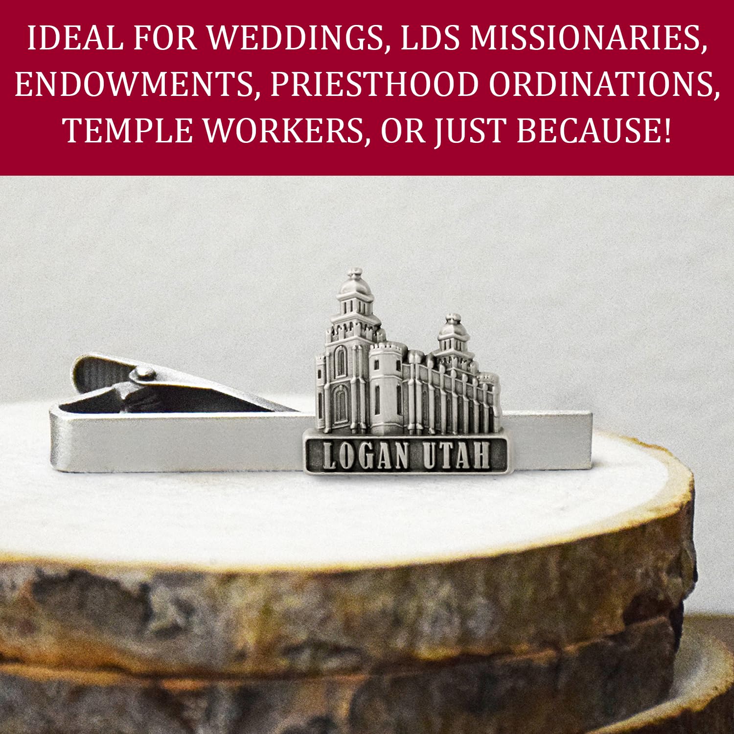 Silver Tie Clip by Ringmasters | LDS Temple Tie Clips for Men with Antique Silver Finish | Suit Accessories for Weddings, Church, & Formal Events | Versatile Tie Pin, (Logan Utah)