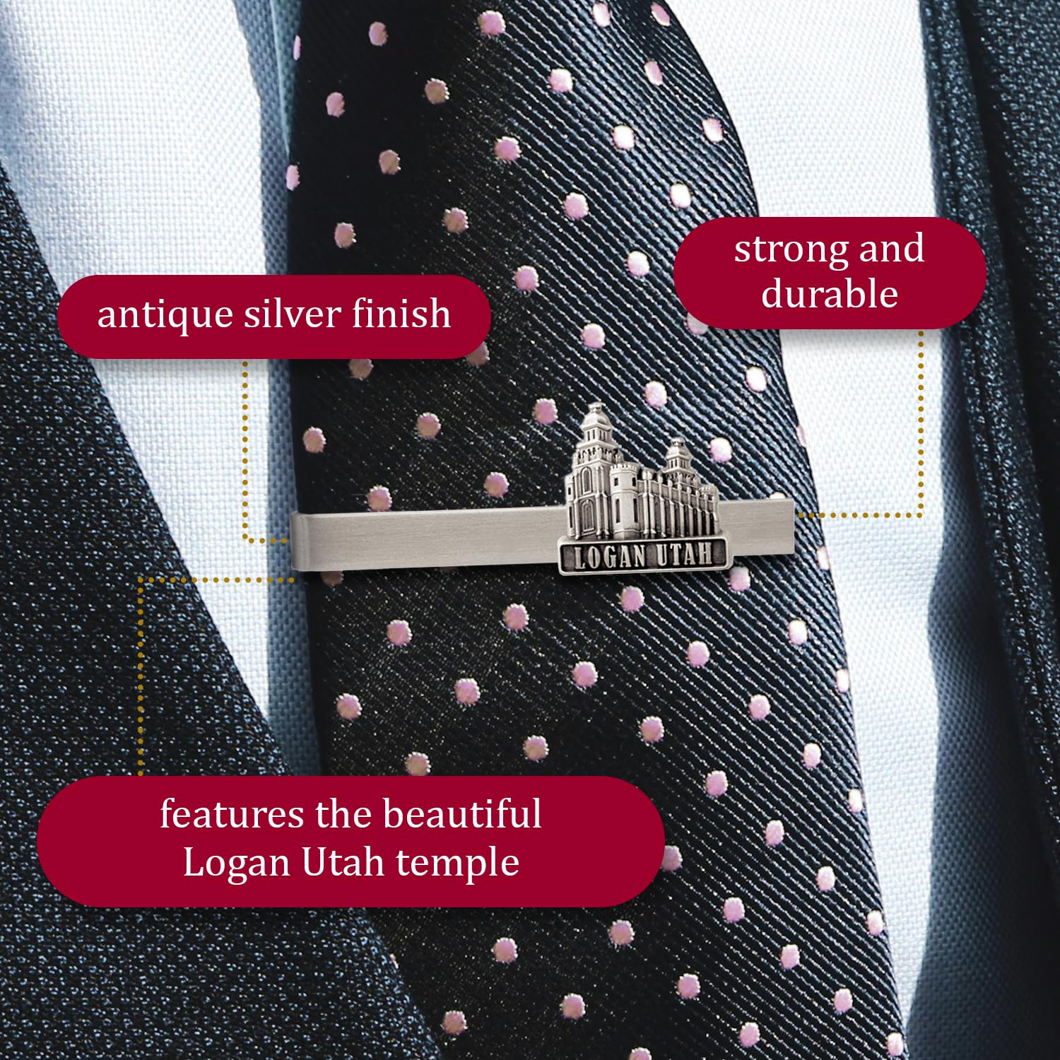 Silver Tie Clip by Ringmasters | LDS Temple Tie Clips for Men with Antique Silver Finish | Suit Accessories for Weddings, Church, & Formal Events | Versatile Tie Pin, (Logan Utah)