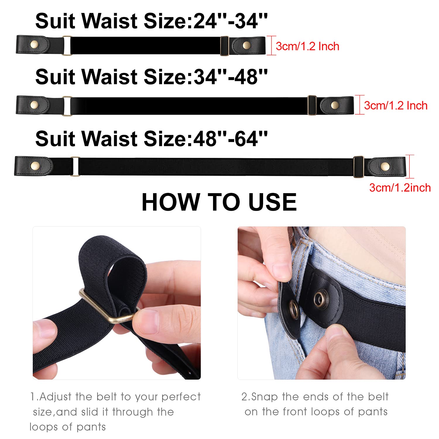 SUOSDEY No Buckle Invisible Stretch Belts for Men/Women Belt for Jeans pants No Hassle,No Bugle (05-2Pack Black, Suit Waist 34''-48'')