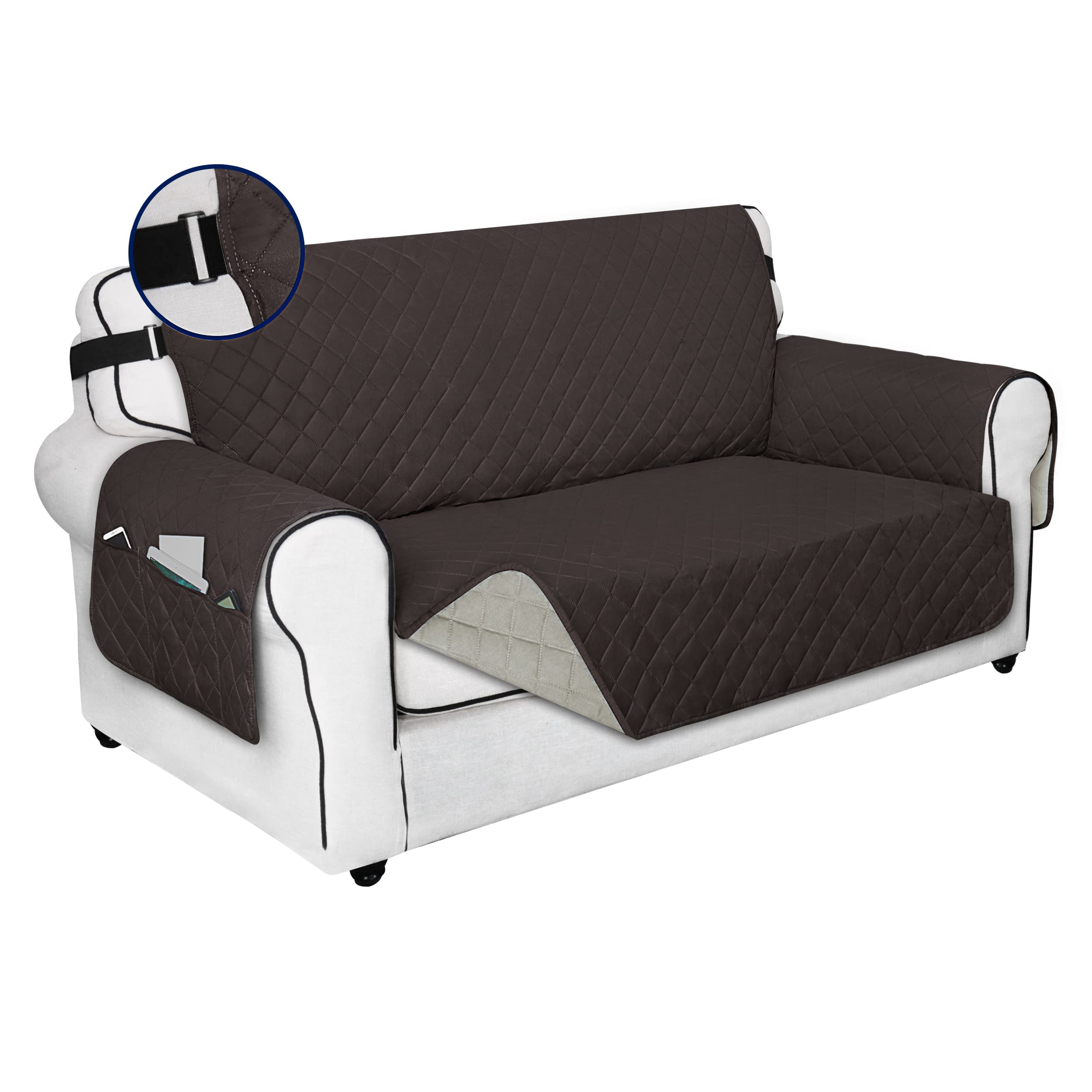 PureFit Reversible Sofa Cover Water Resistant Loveseat Couch Cover, Machine Washable Furniture Cover with Non-Slip Foam and Adjustable Strap for Dogs, Pets (Loveseat, Chocolate/Beige)