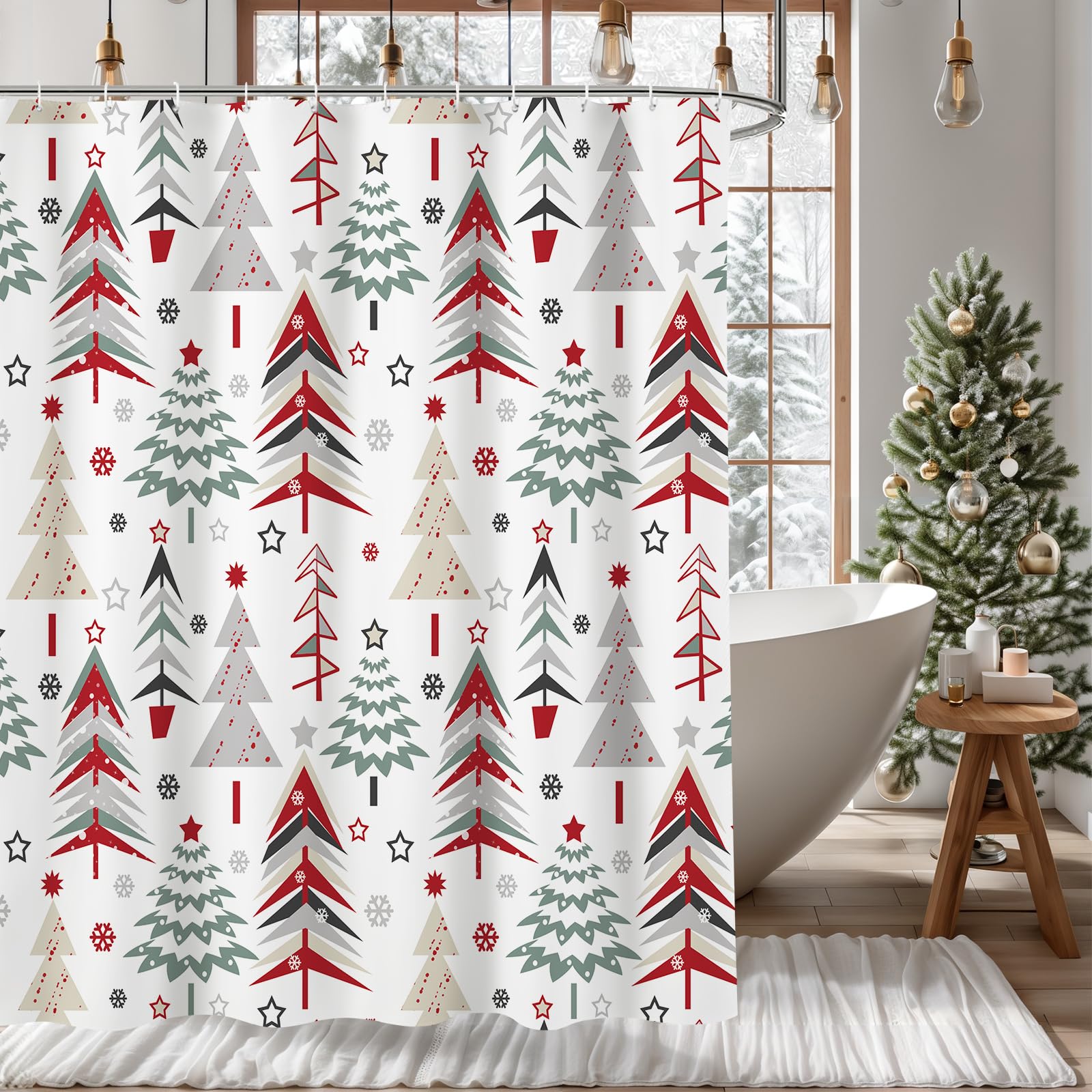 MEHOFOND Christmas Xmas Tree Winter Snowflake Pattern Shower Curtain for Bathroom Decor Washable Durable Fabric 72x72 in