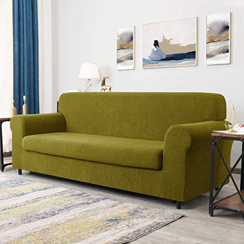 CHUN YI Stretch Loveseat Sofa Slipcover 2 Piece Sofa Cover, 2 Seater Couch Slipcover Coat Soft Washable Furniture Covers with Elastic Bottom, Checks Spandex Jacquard Fabric, Medium, Yellow Green