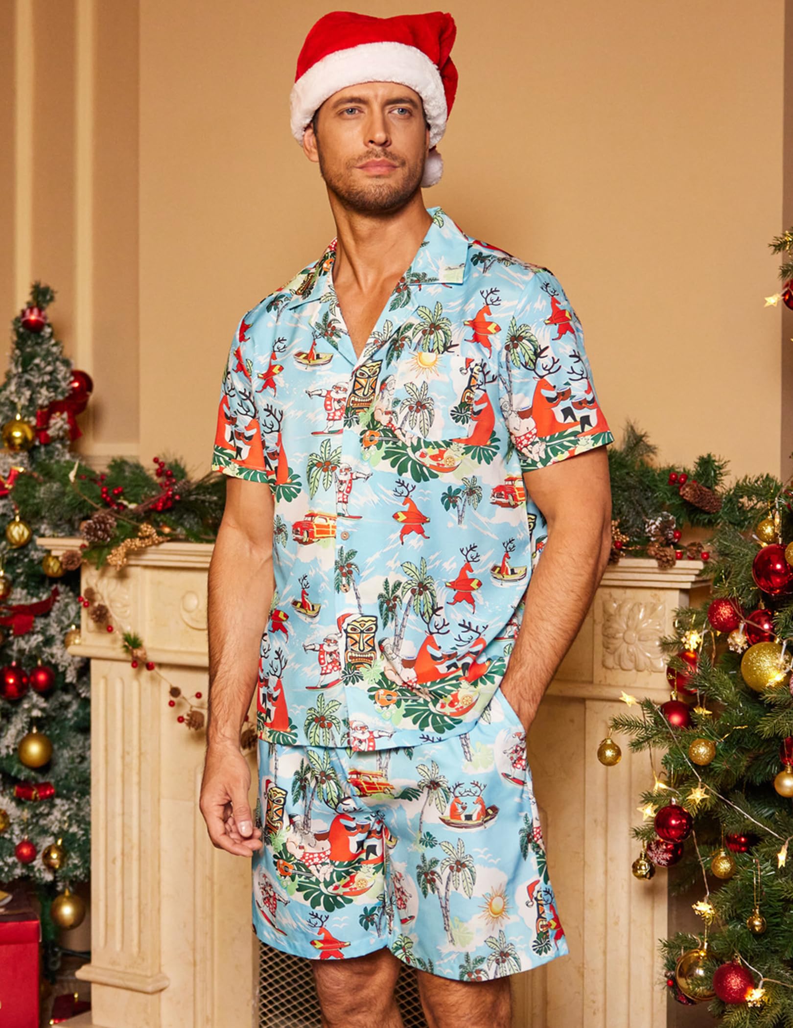 COOFANDY Christmas Sets For Men Short Sleeve Button Down Santa Vacation Shirts 2 Piece Outfits