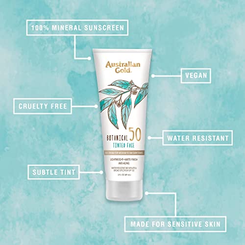 Australian Gold Botanical Sunscreen Tinted Face BB Cream SPF 50, 3 Ounce | Fair-Light | Broad Spectrum | Water Resistant | Vegan | Antioxidant Rich