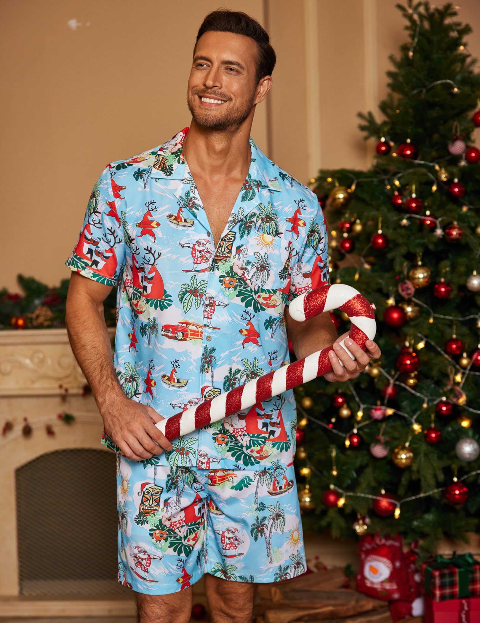 COOFANDY Christmas Sets For Men Short Sleeve Button Down Santa Vacation Shirts 2 Piece Outfits